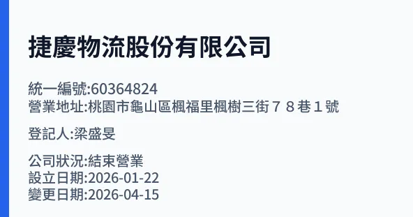 捷慶物流股份有限公司的照片-統編 60364824(桃園市) 公司登記資料與營業項目詳細圖表