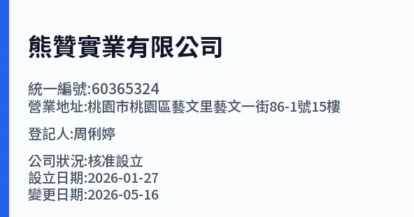 熊贊實業有限公司的照片-統編 60365324(桃園市) 公司登記資料與營業項目詳細圖表