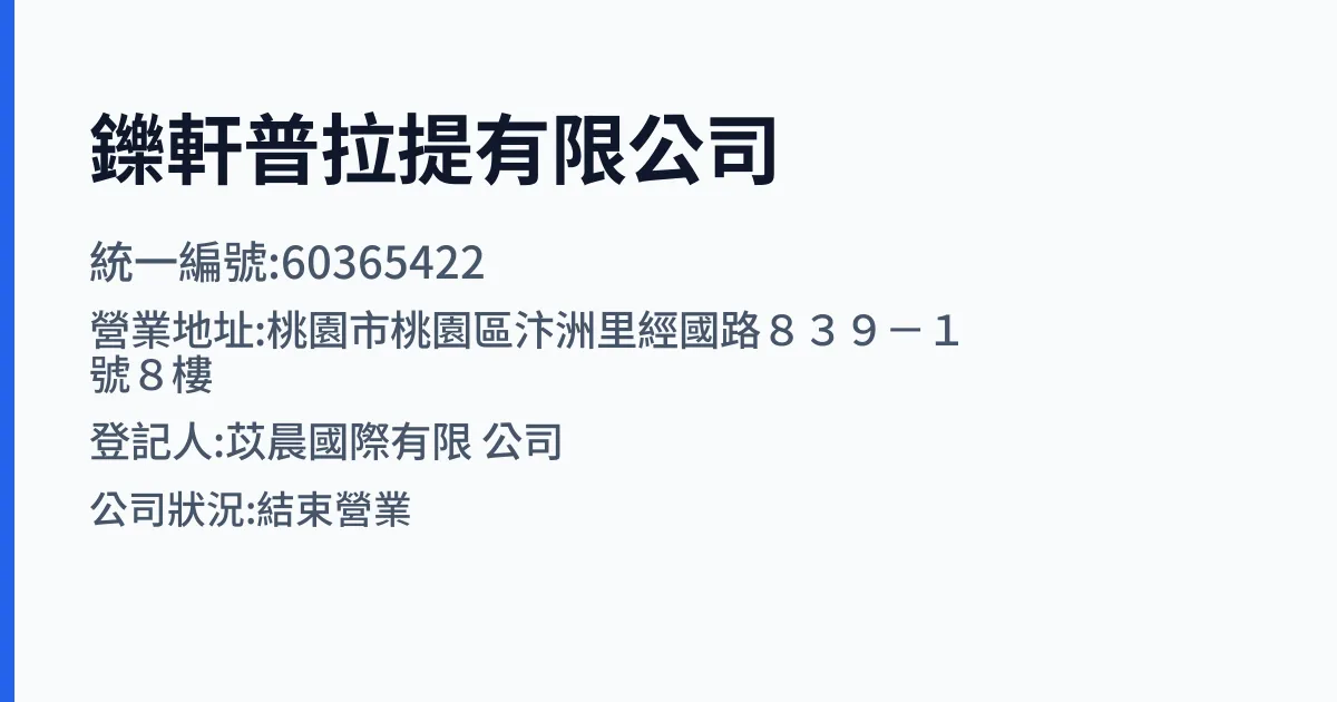 鑠軒普拉提有限公司 - 統編 60365422(桃園市) 公司登記資料與營業項目詳細圖表