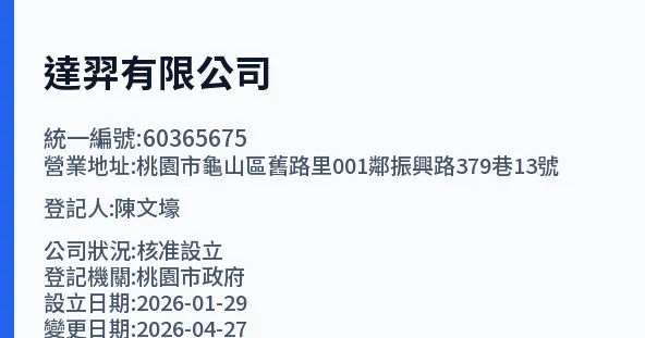 達羿有限公司的照片-統編 60365675(桃園市) 公司登記資料與營業項目詳細圖表