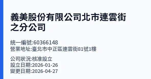 義美股份有限公司北市連雲街之分公司的照片-統編 60366148(臺北市) 公司登記資料與營業項目詳細圖表