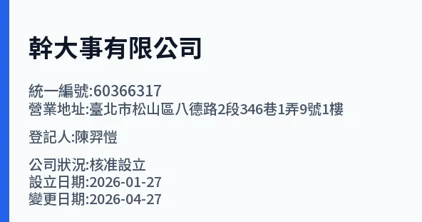 幹大事有限公司的照片-統編 60366317(臺北市) 公司登記資料與營業項目詳細圖表