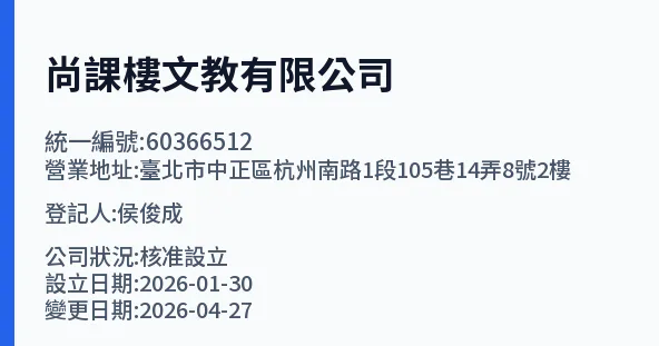尚課樓文教有限公司的照片-統編 60366512(臺北市) 公司登記資料與營業項目詳細圖表