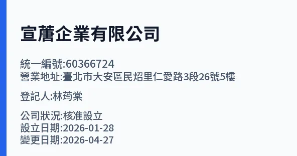 宣蓎企業有限公司的照片-統編 60366724(臺北市) 公司登記資料與營業項目詳細圖表