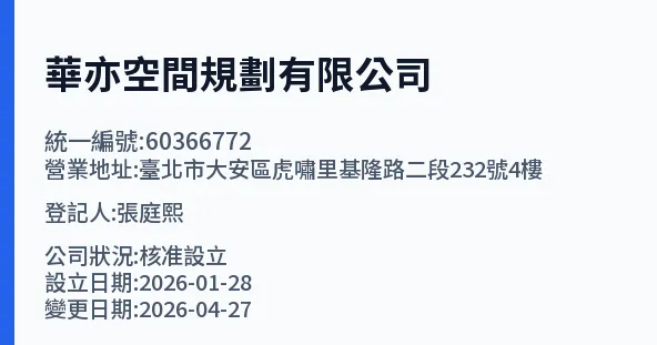華亦空間規劃有限公司的照片-統編 60366772(臺北市) 公司登記資料與營業項目詳細圖表