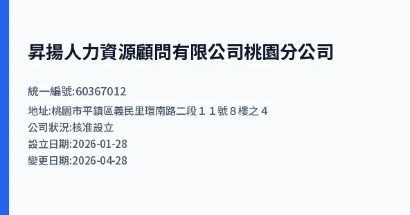 昇揚人力資源顧問有限公司桃園分公司的照片-統編 60367012(桃園市) 公司登記資料與營業項目詳細圖表