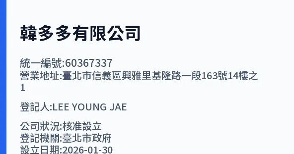 韓多多有限公司的照片-統編 60367337(臺北市) 公司登記資料與營業項目詳細圖表