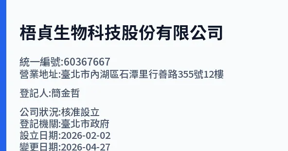 梧貞生物科技股份有限公司的照片-統編 60367667(臺北市) 公司登記資料與營業項目詳細圖表