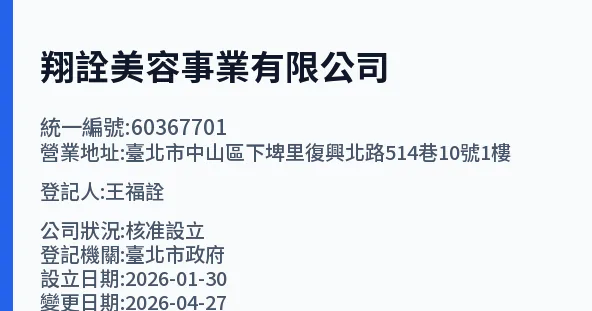 翔詮美容事業有限公司的照片-統編 60367701(臺北市) 公司登記資料與營業項目詳細圖表