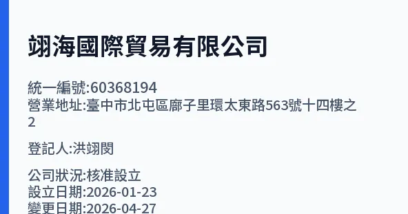翊海國際貿易有限公司的照片-統編 60368194(臺中市) 公司登記資料與營業項目詳細圖表