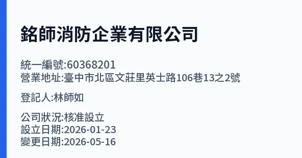 銘師消防企業有限公司的照片-統編 60368201(臺中市) 公司登記資料與營業項目詳細圖表