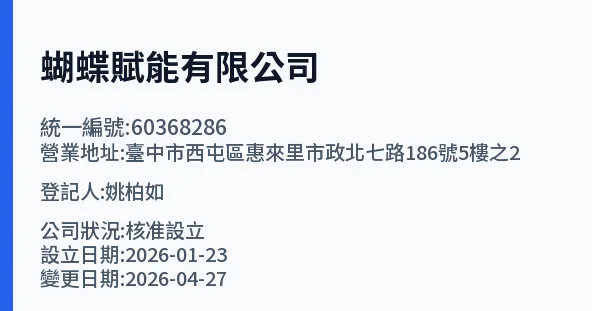 蝴蝶賦能有限公司的照片-統編 60368286(臺中市) 公司登記資料與營業項目詳細圖表