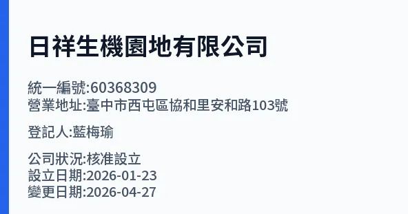 日祥生機園地有限公司的照片-統編 60368309(臺中市) 公司登記資料與營業項目詳細圖表