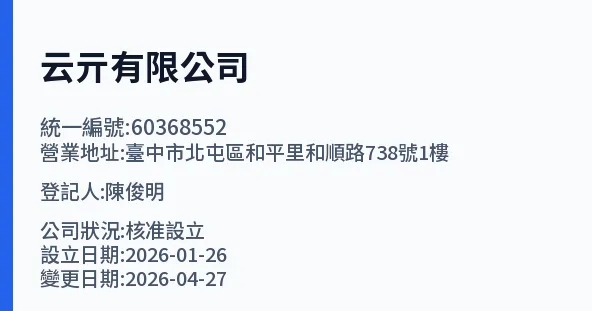 云亓有限公司的照片-統編 60368552(臺中市) 公司登記資料與營業項目詳細圖表