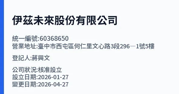 伊茲未來股份有限公司的照片-統編 60368650(臺中市) 公司登記資料與營業項目詳細圖表