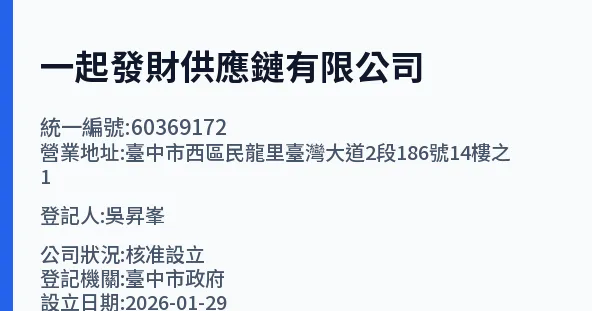 一起發財供應鏈有限公司的照片-統編 60369172(臺中市) 公司登記資料與營業項目詳細圖表