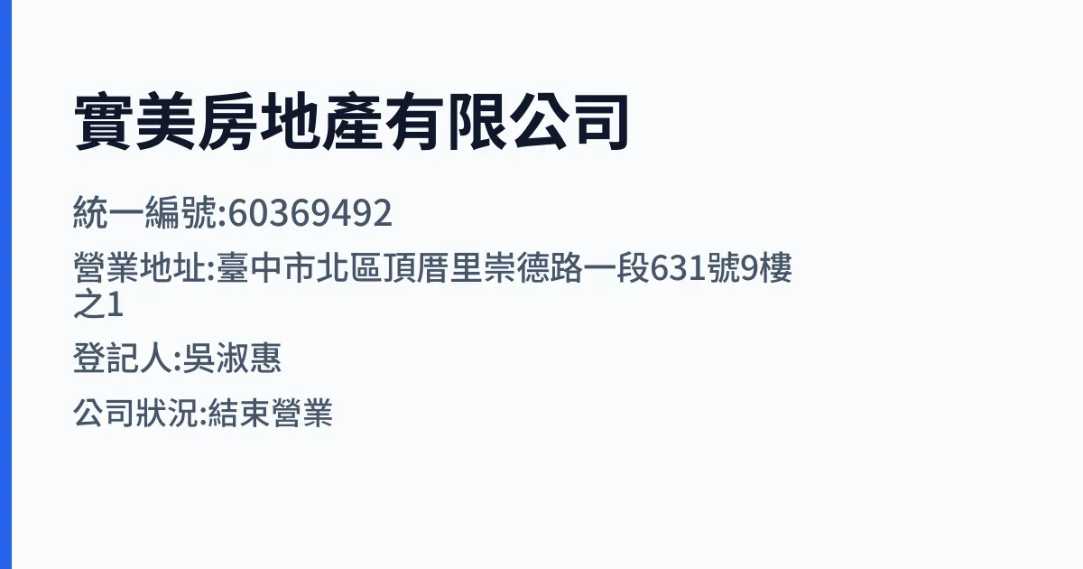 實美房地產有限公司 - 統編 60369492(臺中市) 公司登記資料與營業項目詳細圖表