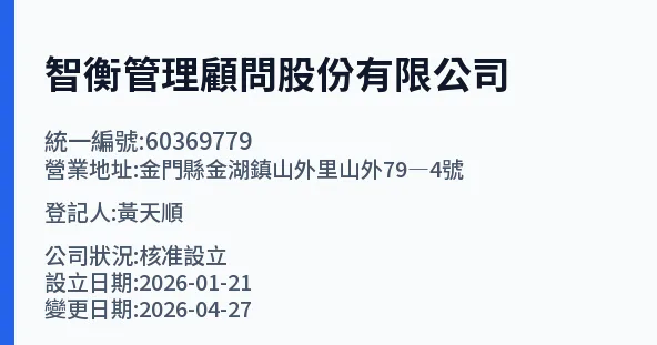 智衡管理顧問股份有限公司的照片-統編 60369779(金門縣) 公司登記資料與營業項目詳細圖表