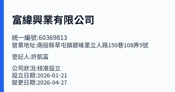 富緯興業有限公司的照片-統編 60369813(南投縣) 公司登記資料與營業項目詳細圖表