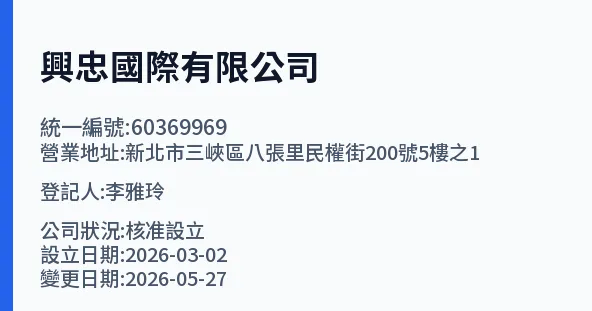 興忠國際有限公司的照片-統編 60369969(新北市) 公司登記資料與營業項目詳細圖表