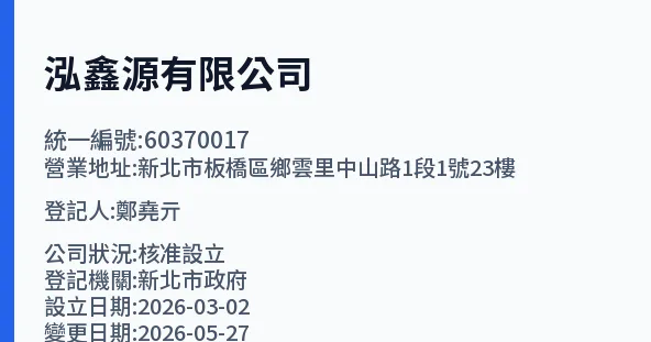 泓鑫源有限公司的照片-統編 60370017(新北市) 公司登記資料與營業項目詳細圖表