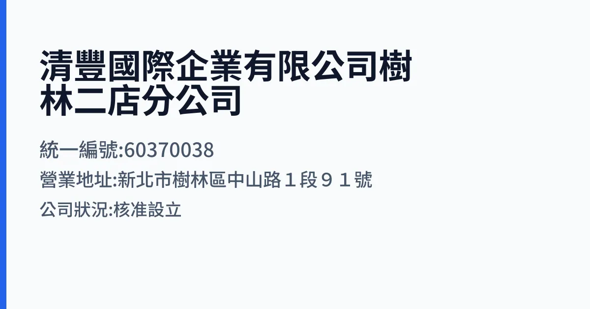 清豐國際企業有限公司樹林二店分公司 - 統編 60370038(新北市) 公司登記資料與營業項目詳細圖表