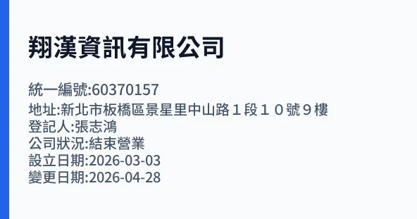 翔漢資訊有限公司的照片-統編 60370157(新北市) 公司登記資料與營業項目詳細圖表