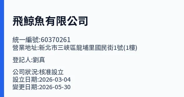 飛鯨魚有限公司的照片-統編 60370261(新北市) 公司登記資料與營業項目詳細圖表