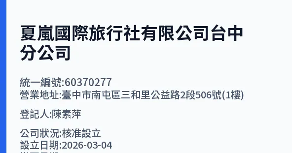 夏嵐國際旅行社有限公司台中分公司的照片-統編 60370277(臺中市) 公司登記資料與營業項目詳細圖表