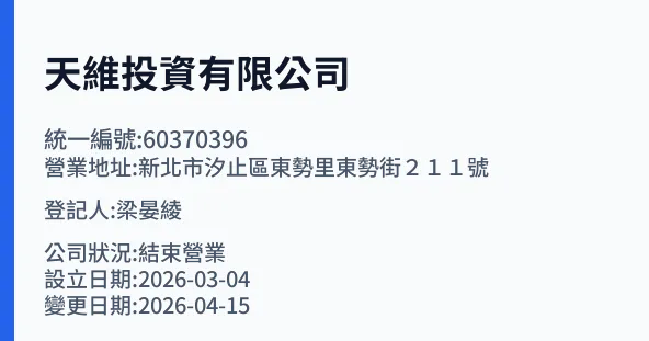 天維投資有限公司的照片-統編 60370396(新北市) 公司登記資料與營業項目詳細圖表