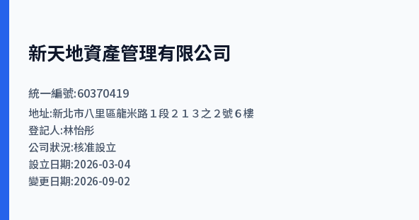 新天地資產管理有限公司的照片-統編 60370419 公司登記資料與營業項目詳細圖表