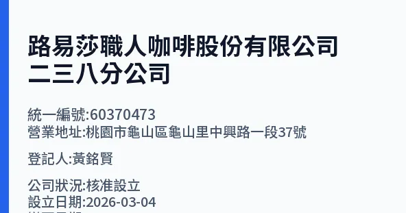 路易莎職人咖啡股份有限公司二三八分公司的照片-統編 60370473(桃園市) 公司登記資料與營業項目詳細圖表