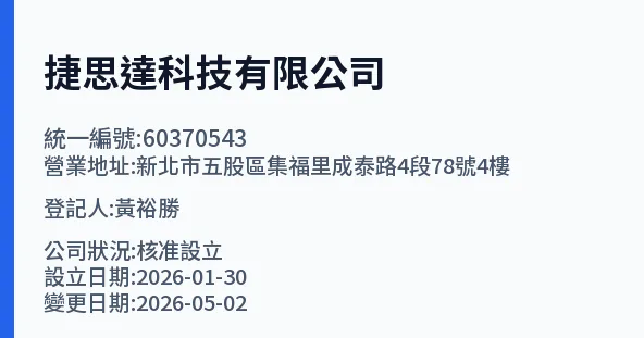 捷思達科技有限公司的照片-統編 60370543(新北市) 公司登記資料與營業項目詳細圖表