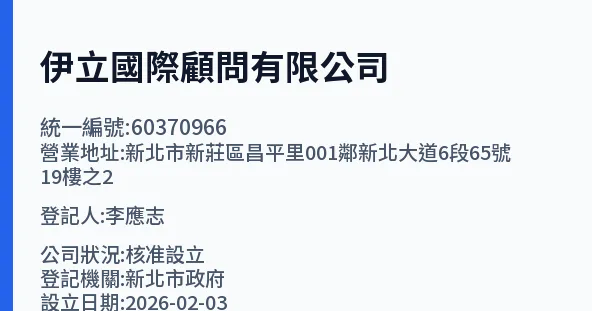 伊立國際顧問有限公司的照片-統編 60370966(新北市) 公司登記資料與營業項目詳細圖表