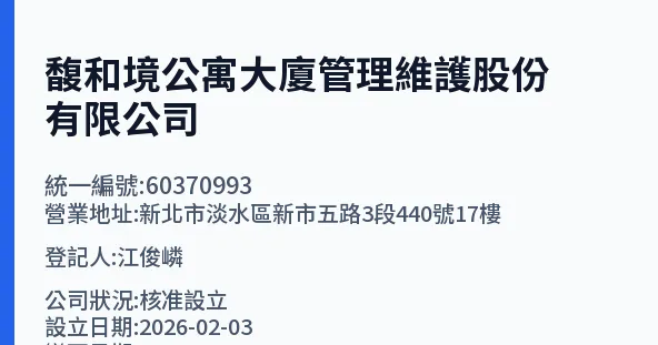 馥和境公寓大廈管理維護股份有限公司的照片-統編 60370993(新北市) 公司登記資料與營業項目詳細圖表