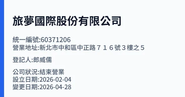 旅夢國際股份有限公司的照片-統編 60371206(新北市) 公司登記資料與營業項目詳細圖表