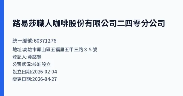 路易莎職人咖啡股份有限公司二四零分公司的照片-統編 60371276(高雄市) 公司登記資料與營業項目詳細圖表