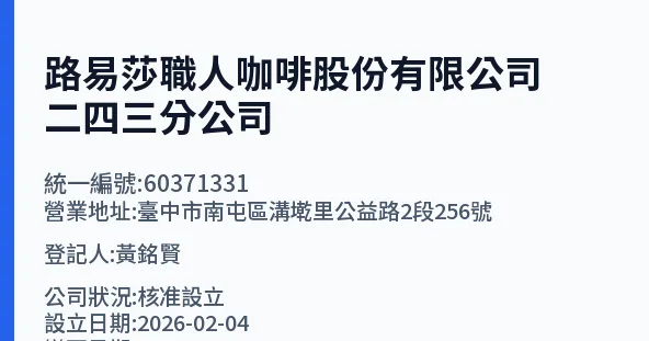 路易莎職人咖啡股份有限公司二四三分公司的照片-統編 60371331(臺中市) 公司登記資料與營業項目詳細圖表