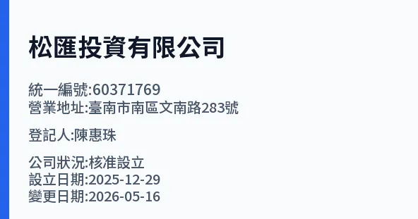 松匯投資有限公司的照片-統編 60371769(臺南市) 公司登記資料與營業項目詳細圖表