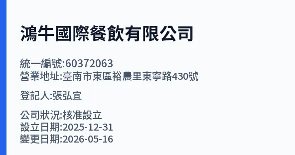 鴻牛國際餐飲有限公司的照片-統編 60372063(臺南市) 公司登記資料與營業項目詳細圖表