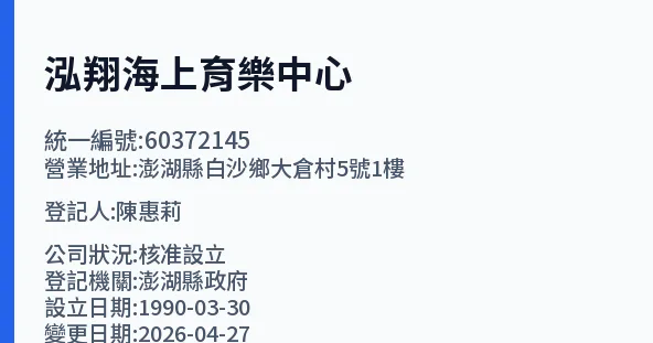 泓翔海上育樂中心的照片-統編 60372145(澎湖縣) 公司登記資料與營業項目詳細圖表