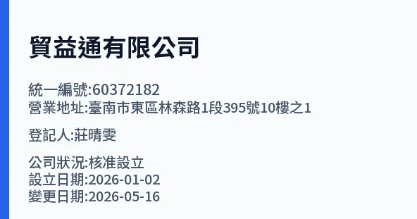 貿益通有限公司的照片-統編 60372182(臺南市) 公司登記資料與營業項目詳細圖表