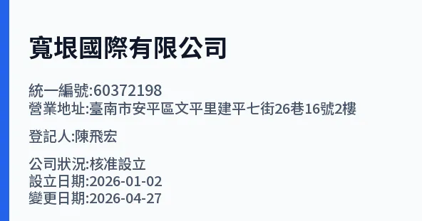 寬垠國際有限公司的照片-統編 60372198(臺南市) 公司登記資料與營業項目詳細圖表