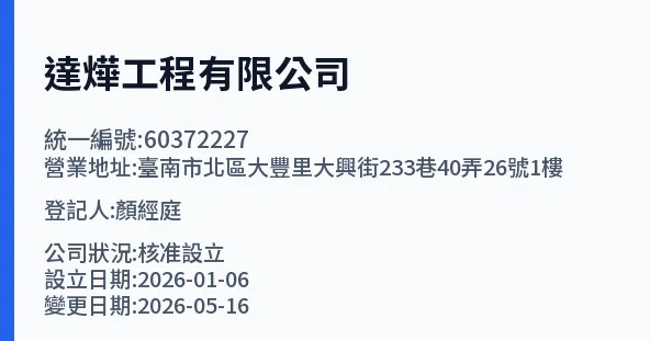 達燁工程有限公司的照片-統編 60372227(臺南市) 公司登記資料與營業項目詳細圖表