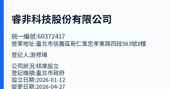 睿非科技股份有限公司的照片-統編 60372417(臺北市) 公司登記資料與營業項目詳細圖表