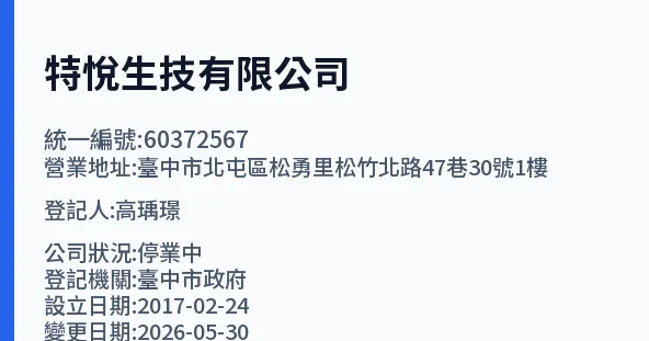 特悅生技有限公司的照片-統編 60372567(臺中市) 公司登記資料與營業項目詳細圖表