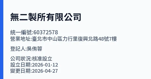 無二製所有限公司的照片-統編 60372578(臺北市) 公司登記資料與營業項目詳細圖表