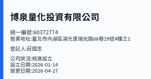 博泉量化投資有限公司的照片-統編 60372774(臺北市) 公司登記資料與營業項目詳細圖表