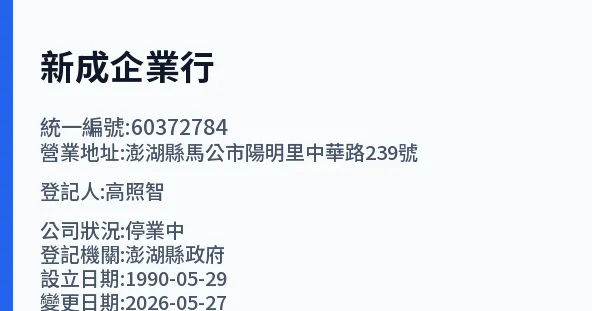 新成企業行的照片-統編 60372784(澎湖縣) 公司登記資料與營業項目詳細圖表