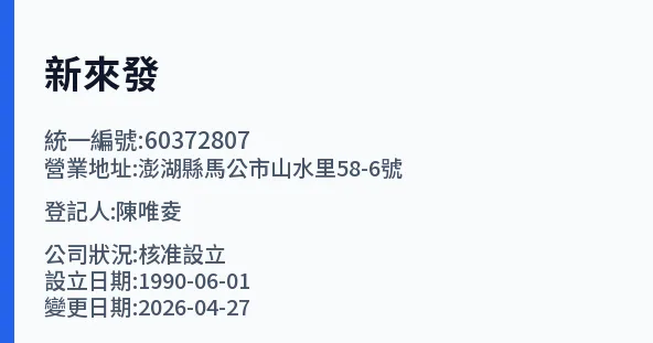 新來發的照片-統編 60372807(澎湖縣) 公司登記資料與營業項目詳細圖表
